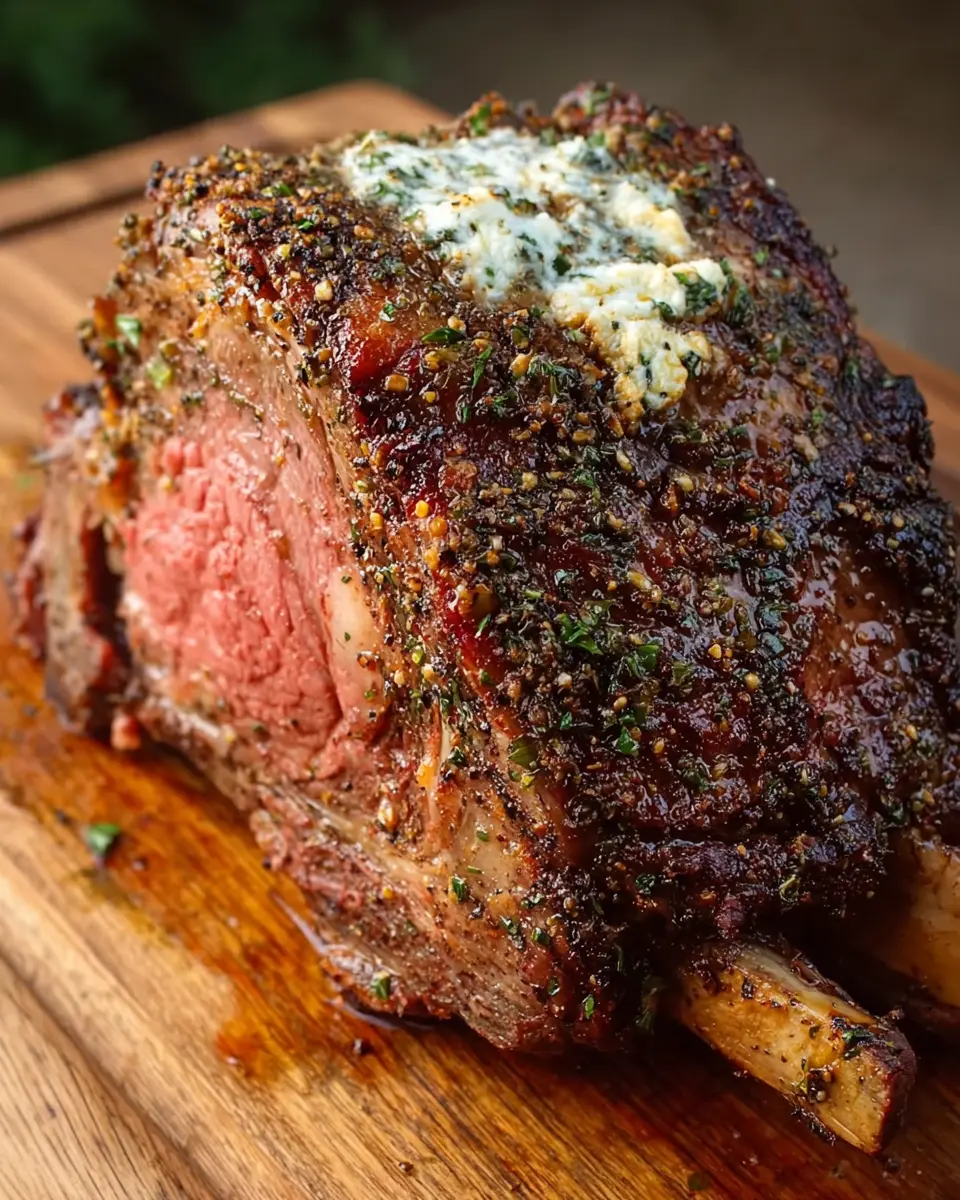 herb butter crusted smoked beef rib roast