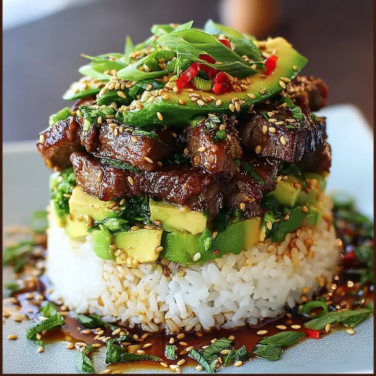 teriyaki beef and avocado rice stack