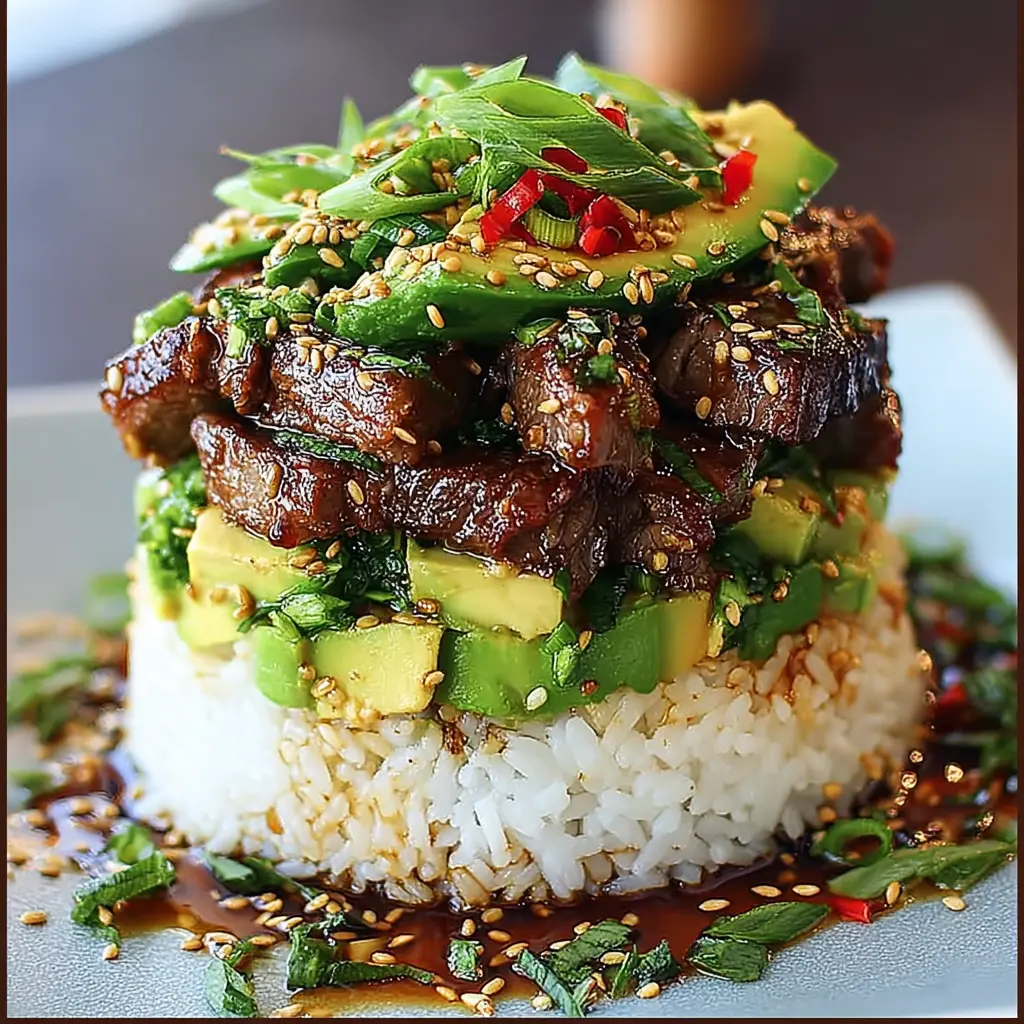 teriyaki beef and avocado rice stack