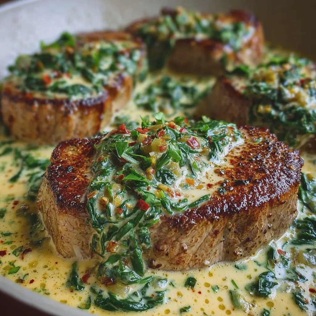 beef steaks in creamy garlic spinach sauce